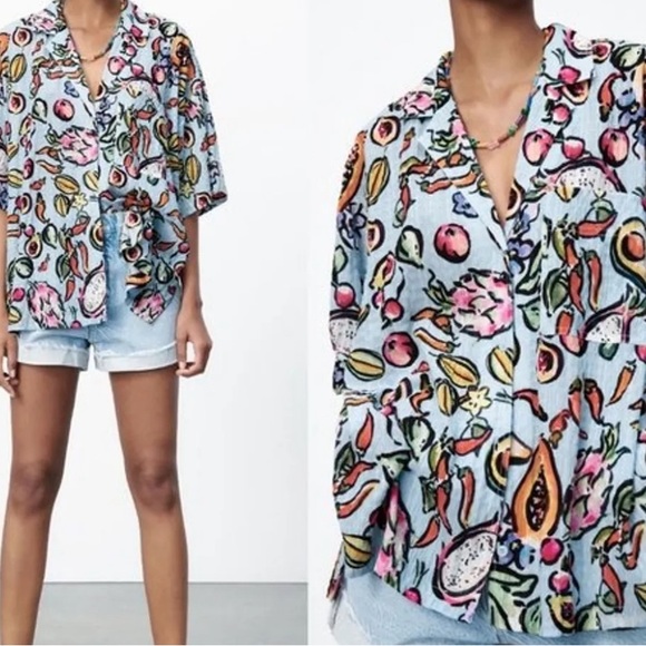 Zara | Tops | Summer 223 Zara Fruit Exotic Button Down Short Sleeve ...